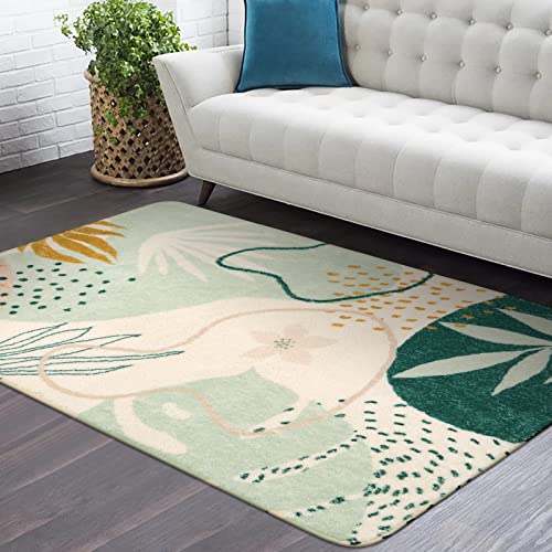 Lahome Green Washable Area Rug - 3x5 Botanical Print Small Rug Modern Abstract Non-Slip Minimalist Art Area Rug Accent Distressed Throw Rugs Floor Carpet for Living Room Bedroom Entryway Rug