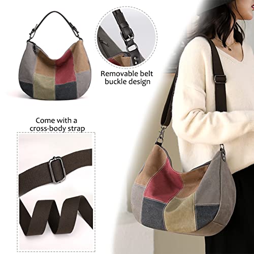 MIDAUP Hobo Handbags Multi-Color Splice Cross Body Shoulder Bag Casual Canvas Tote Crossbody Bags for Women (Multi Color - Grey)