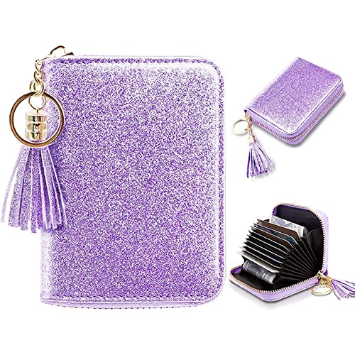 ENYISDAN Purple Small Wristlet Wallets for Women Glitter Cute FRID Leather Credit Card Holder Wallets for Ladies Girls Short Purse