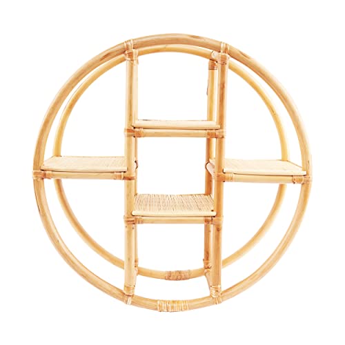 T'Furni Rattan Round and Square Striped Wall Shelf for Living Room Kitchen Wall Decor - Natural Rattan Floating Shelves - Natural Hanging Book - Wall Shelves with Storage