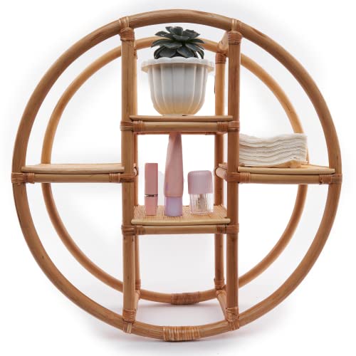 T'Furni Rattan Round and Square Striped Wall Shelf for Living Room Kitchen Wall Decor - Natural Rattan Floating Shelves - Natural Hanging Book - Wall Shelves with Storage