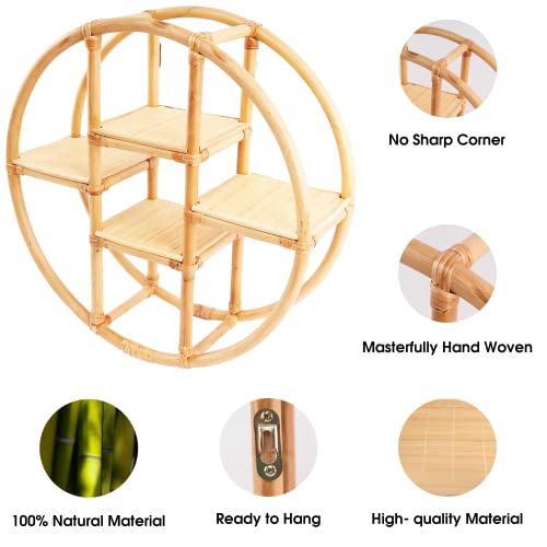 T'Furni Rattan Round and Square Striped Wall Shelf for Living Room Kitchen Wall Decor - Natural Rattan Floating Shelves - Natural Hanging Book - Wall Shelves with Storage