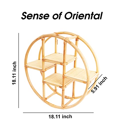 T'Furni Rattan Round and Square Striped Wall Shelf for Living Room Kitchen Wall Decor - Natural Rattan Floating Shelves - Natural Hanging Book - Wall Shelves with Storage