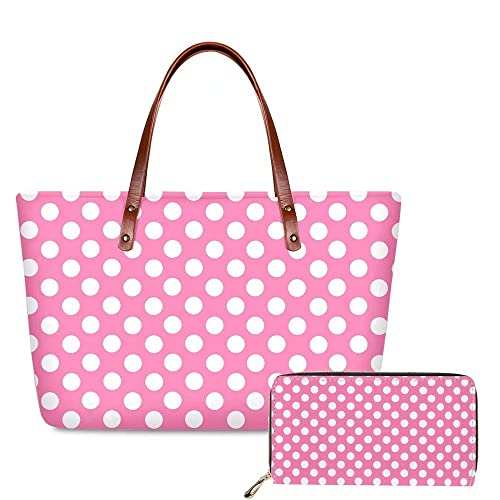 Dellukee Women Large Tote Bags With Leather Purses Polka Dot Pink Print Travel Work Handbags Top Handle Shoulder Bag