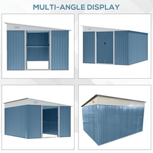 Outsunny 11' x 9' Steel Garden Storage Shed Outdoor Metal Lean to Tool House with Double Sliding Lockable Doors & 2 Air Vents, Blue