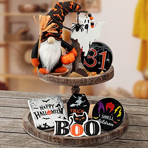 Halloween Tiered Tray Decor - Halloween Decorations Indoor, Happy Halloween Wooden Signs Cute Gnomes Plush and Bead Garland - Farmhouse Halloween Decor for Home Table House Room