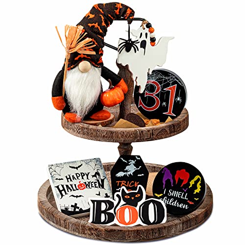 Halloween Tiered Tray Decor - Halloween Decorations Indoor, Happy Halloween Wooden Signs Cute Gnomes Plush and Bead Garland - Farmhouse Halloween Decor for Home Table House Room