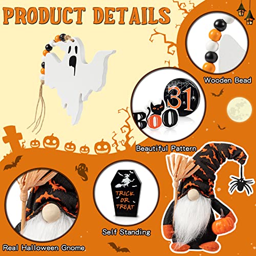 Halloween Tiered Tray Decor - Halloween Decorations Indoor, Happy Halloween Wooden Signs Cute Gnomes Plush and Bead Garland - Farmhouse Halloween Decor for Home Table House Room