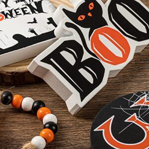 Halloween Tiered Tray Decor - Halloween Decorations Indoor, Happy Halloween Wooden Signs Cute Gnomes Plush and Bead Garland - Farmhouse Halloween Decor for Home Table House Room