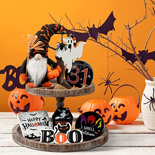 Halloween Tiered Tray Decor - Halloween Decorations Indoor, Happy Halloween Wooden Signs Cute Gnomes Plush and Bead Garland - Farmhouse Halloween Decor for Home Table House Room