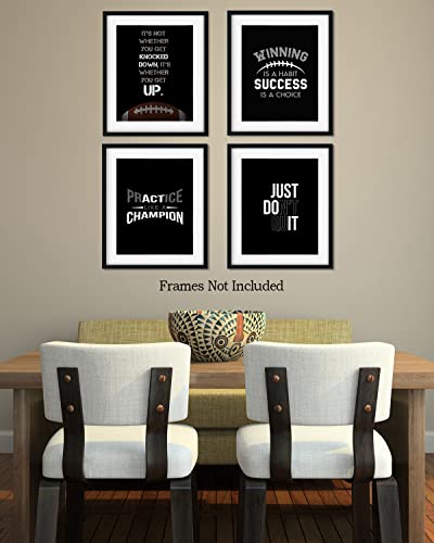 Govivo Inspirational Football Quote Wall Art - Set of 4 Motivational Football Prints - Football Room Decor - Football Wall Art for Boys Bedroom, Locker Room, or Coach Gift - 8x10 unframed prints