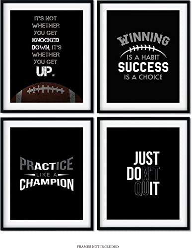 Govivo Inspirational Football Quote Wall Art - Set of 4 Motivational Football Prints - Football Room Decor - Football Wall Art for Boys Bedroom, Locker Room, or Coach Gift - 8x10 unframed prints