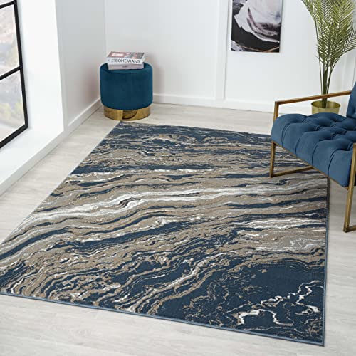 Radiant Homes And Rugs Luxury Waves Blue Modern Abstract Easy-Cleaning Living Room Bedroom Entryway Dining Home Office Area Rug 2' x 3', Blue/Silver