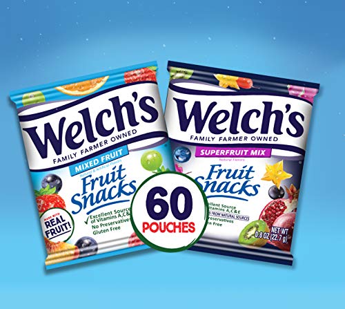 Welch's Fruit Snacks, Mixed Fruit & Superfruit Bulk Variety Pack, Gluten Free, 0.8 oz Individual Single Serve Bags (Pack of 60)