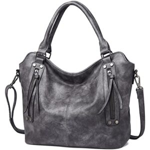 foxlover hobo bags for women leather crossbody shoulder bags ladies large tote purse (grey)