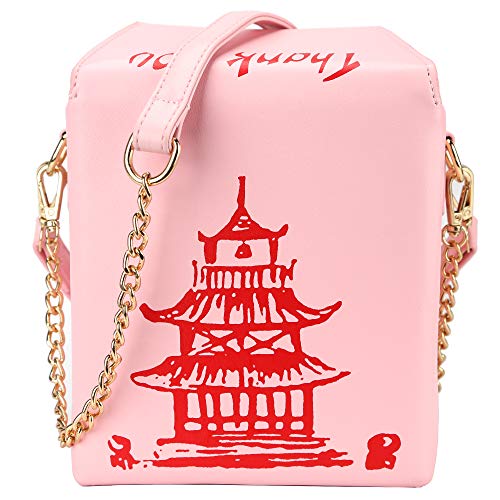 Ondeam Tower Print Crossbody Shoulder Bag,Pu Chinese Takeout Box Totes Purse for Women(Pink)