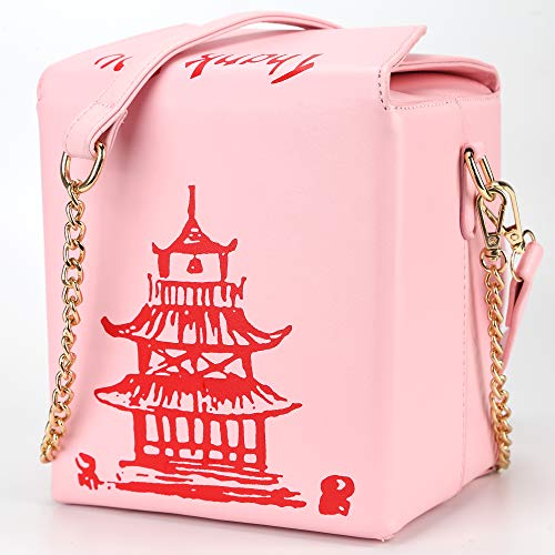 Ondeam Tower Print Crossbody Shoulder Bag,Pu Chinese Takeout Box Totes Purse for Women(Pink)