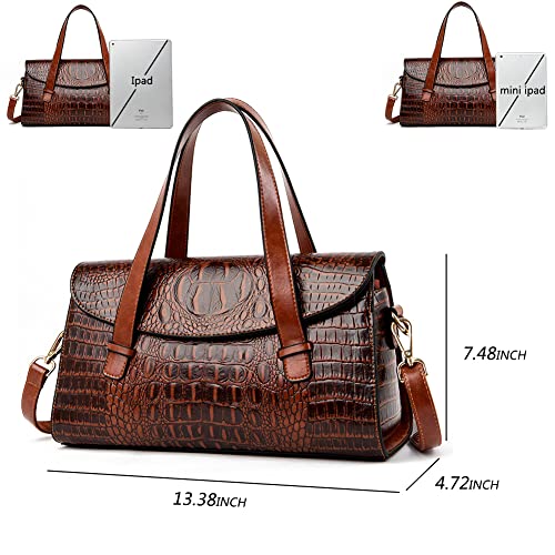 Chikencall Women Handbag Crocodile Pattern Leather Top-Handle Bag Flap Shoulder Bag Crossbody Purse Satchel for Work Shopper travel Brown