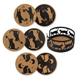 mango steam set of six cat cork coasters with decorative cork holder, black