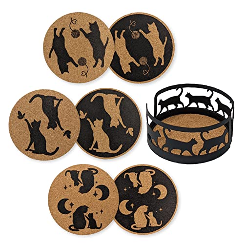 Mango Steam Set of Six Cat Cork Coasters with Decorative Cork Holder, Black