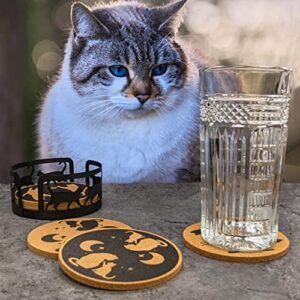 Mango Steam Set of Six Cat Cork Coasters with Decorative Cork Holder, Black