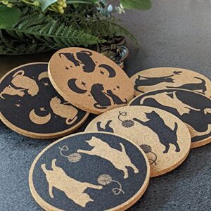 Mango Steam Set of Six Cat Cork Coasters with Decorative Cork Holder, Black