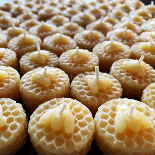 Honeycomb Beeswax Tealight Candles with Bee Embossed/All Natural Bees Wax Tealights/Miniature Candle Creations/Handcrafted in USA PURE (48 Pack)