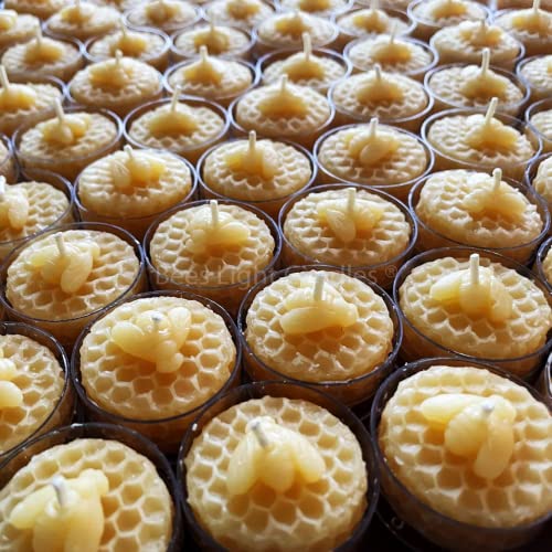 Honeycomb Beeswax Tealight Candles with Bee Embossed/All Natural Bees Wax Tealights/Miniature Candle Creations/Handcrafted in USA PURE (48 Pack)