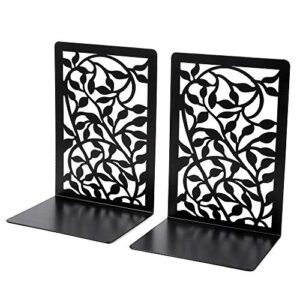 premium black infinite leaves bookends – heavy duty book ends for bookshelf, metal decorative book ends for home office heavy books, book shelf holder, home decorative, book stoppers, book holder