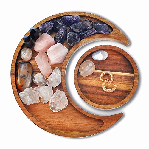 Moon Tray Acaica Wood Crystal Holder for Stones Healing Crystals Storage and Organizer Crescent Bowl Witchy Crystal Display Essential Oil Holder Moon Jewelry Dish (Acacia Wood 1)