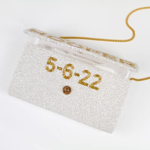 Personalized Custom Clutch Purse for Women, Beaded Clutch Crossbody Bag with Gold Chain Strap for Wedding, Prom, Bridal Shower, Bachelorette Party, Engagement, & Honeymoon (Gold)