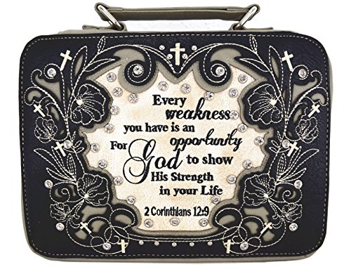 Embroidered Verse Scripture Western Bible Cover Book Carrying Case for Women Extra Strap Crossbody Purse… (Black/Grey)