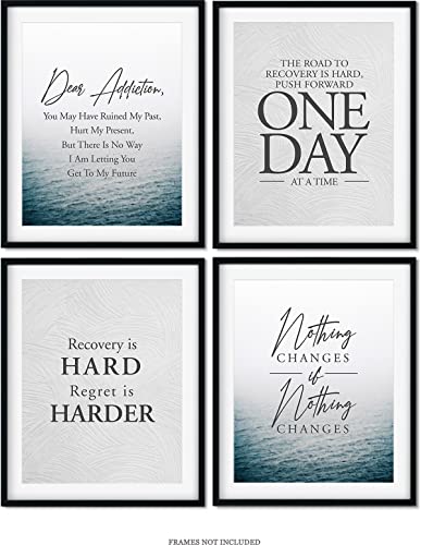 Addiction Recovery Wall Decor - Set of 4 Sobriety Inspirational Wall Art Designs - Sober Encouragement Room Decor - Gifts for women and men - 11x14 unframed print