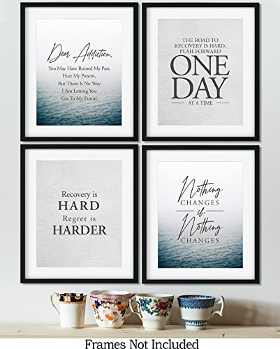 Addiction Recovery Wall Decor - Set of 4 Sobriety Inspirational Wall Art Designs - Sober Encouragement Room Decor - Gifts for women and men - 11x14 unframed print