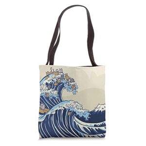 famous japanese great wave of kanagawa cats funny tote bag