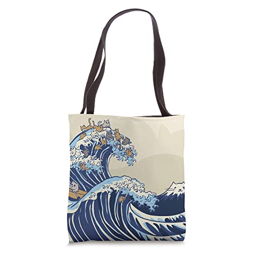 Famous Japanese Great Wave of Kanagawa Cats Funny Tote Bag