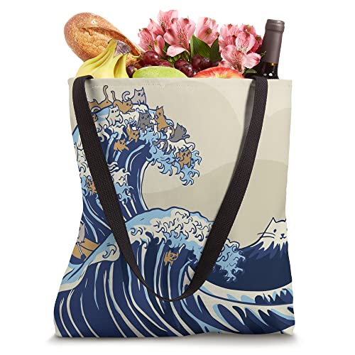 Famous Japanese Great Wave of Kanagawa Cats Funny Tote Bag