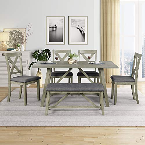 GLORHOME 6 Pieces 5 Family Dining Set for 6 Farmhouse Rustic Style Rectangular Wood Table and Padded 4 Chairs 1 Bench for Kitchen, Gray