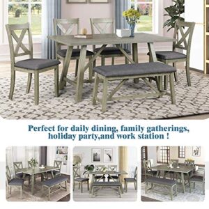 GLORHOME 6 Pieces 5 Family Dining Set for 6 Farmhouse Rustic Style Rectangular Wood Table and Padded 4 Chairs 1 Bench for Kitchen, Gray