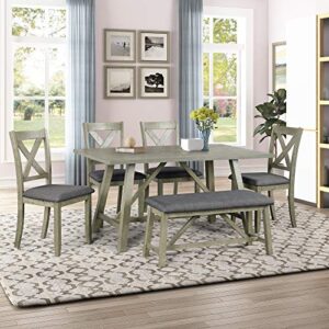 GLORHOME 6 Pieces 5 Family Dining Set for 6 Farmhouse Rustic Style Rectangular Wood Table and Padded 4 Chairs 1 Bench for Kitchen, Gray