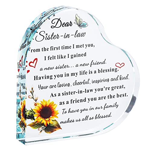 YWHL Sister in Law Birthday Gifts, Unbiological Sister Gift, Heart Shape Glass Keepsake Decor Anniversary Wedding Gifts for Sister In Law, Thanksgiving Christmas Gift