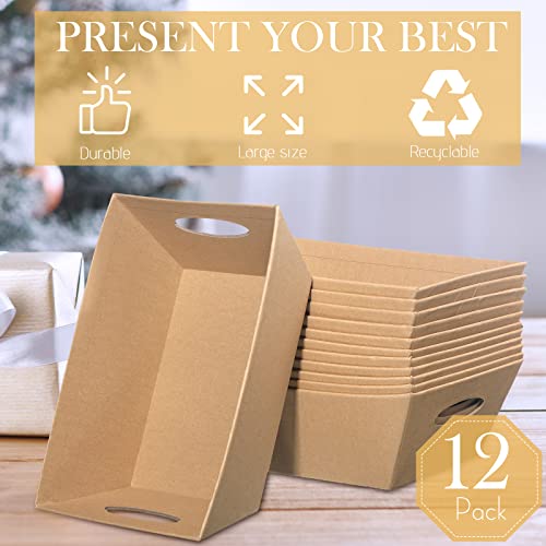 Potchen 12 Pcs Basket for Gifts 9.8 x 6.5 Inch Empty Sturdy Cardboard Trays with Handles Bulk Gift Basket Market Tray Favor for Birthday Valentines Thanksgiving Christmas Wedding (Classical), Brown