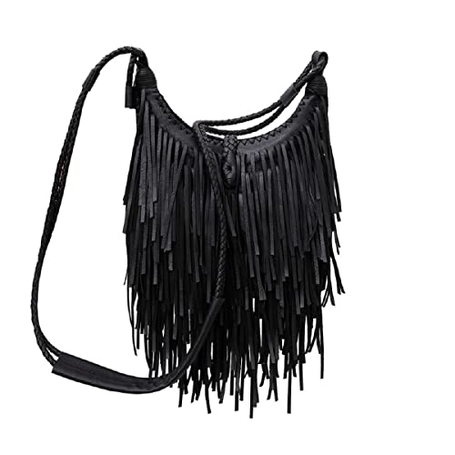 YOUNXSL Tassle Shoulder Bags for Women PU Leather Handbag Bohemia Satchel Zipper Crossbody Bag Purse Black