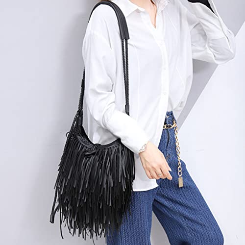 YOUNXSL Tassle Shoulder Bags for Women PU Leather Handbag Bohemia Satchel Zipper Crossbody Bag Purse Black