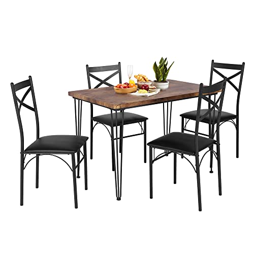 VECELO 5-Piece Indoor Modern Rectangular Dining Table Set for Kitchen, Dinette, Breakfast Nook, 4, Dark Brown