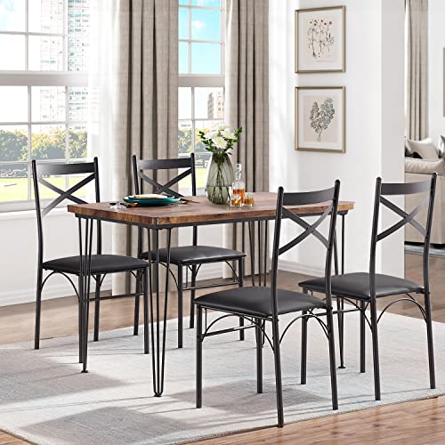 VECELO 5-Piece Indoor Modern Rectangular Dining Table Set for Kitchen, Dinette, Breakfast Nook, 4, Dark Brown