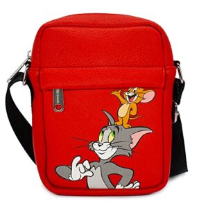 buckle down hanna barbera bag, cross body, with tom and jerry pose, red, vegan leather