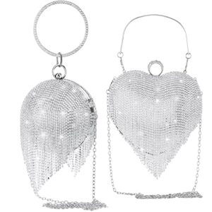 2 pieces women rhinestone evening clutch purses luxury crystal heart shape round ball crossbody shoulder bag with tassel, glitter bling lady handbag for wedding cocktail prom party (silver)