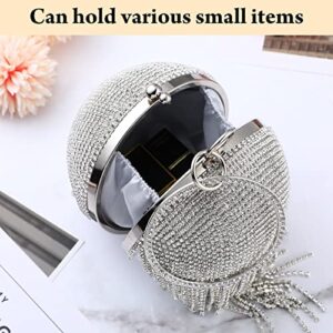 2 Pieces Women Rhinestone Evening Clutch Purses Luxury Crystal Heart Shape Round Ball Crossbody Shoulder Bag with Tassel, Glitter Bling Lady Handbag for Wedding Cocktail Prom Party (Silver)