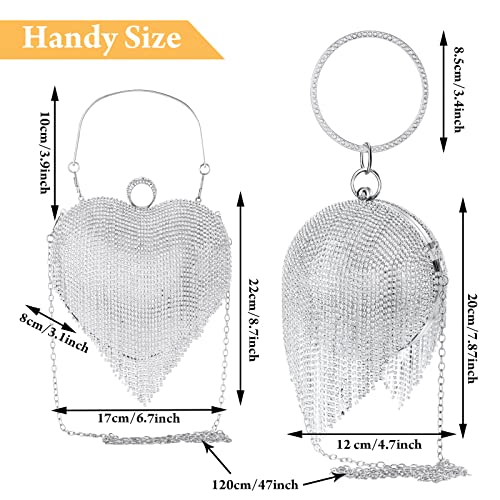 2 Pieces Women Rhinestone Evening Clutch Purses Luxury Crystal Heart Shape Round Ball Crossbody Shoulder Bag with Tassel, Glitter Bling Lady Handbag for Wedding Cocktail Prom Party (Silver)